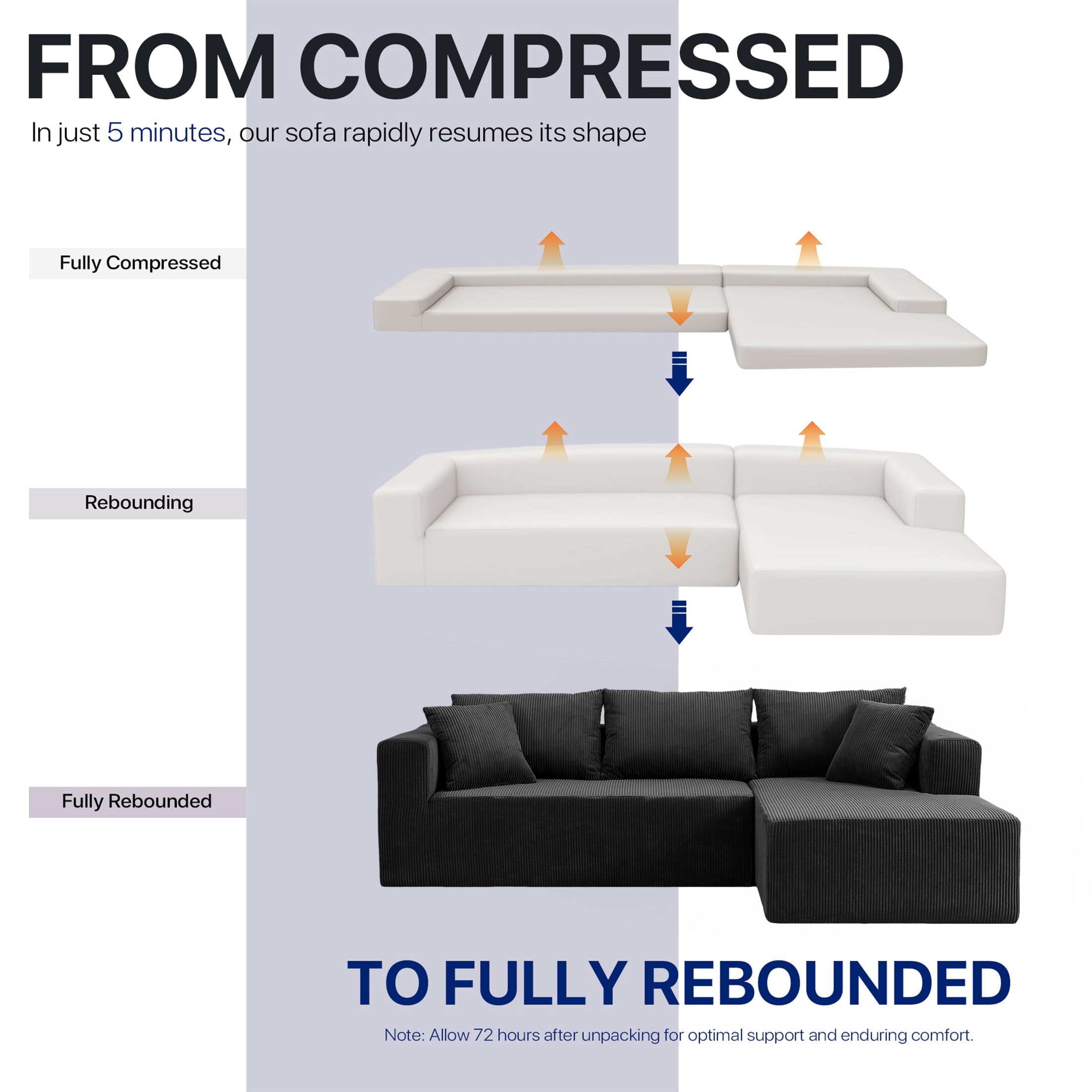 FOCALSWEET 105'' Sectional Sofa, Cloud Couch with L-Shape Chaise, Modern Modular Couches with Deep Seat, No Assembly High-Density Sponge Corduroy Fabric Sofa with 5 Pillows for Living Room, Black