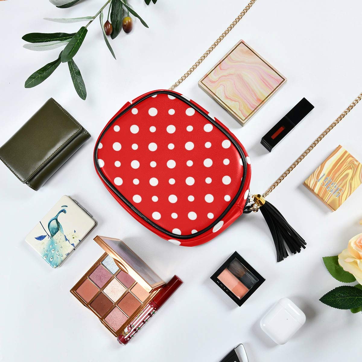 Vikko Red And White Polka Dot Small Crossbody Bag Handbag Purse PU Leather Women Shoulder Chain Bag With Metal Chain Strap And Tassel Top Zipper