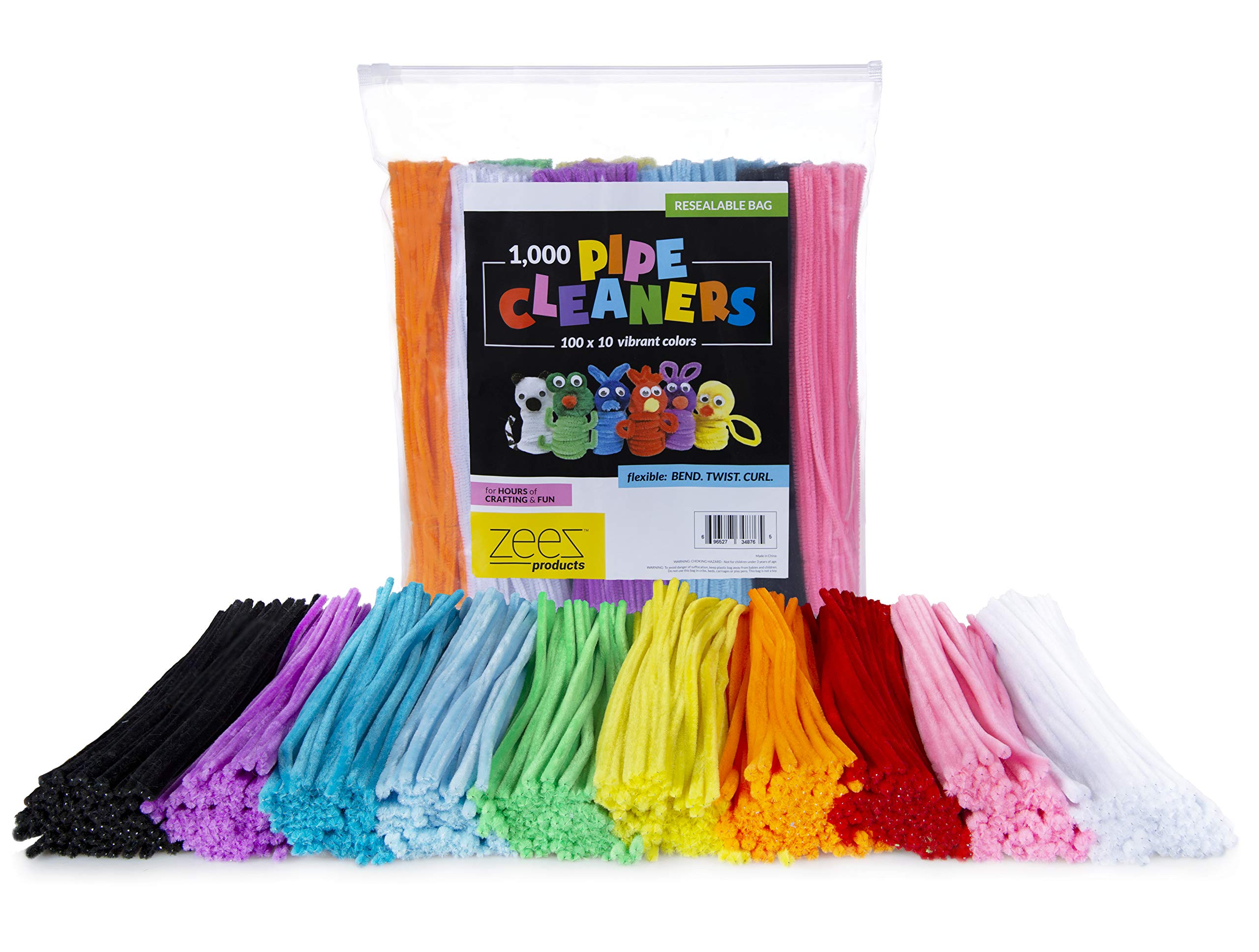 zees 1,000 Pipe Cleaners in 10 Assorted Colors, Value Pack of Chenille Stems for DIY Arts and Craft Projects and Decorations - 6mm x 12 Inches (1000)