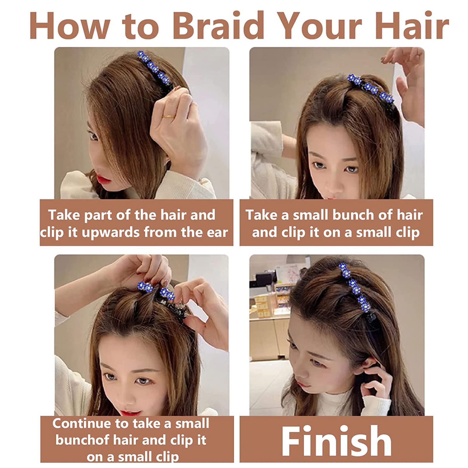 for ,Rsvelte Triple Braided Hair Clip with 3 Small Clips For Women, Sparkling Crystal Stone Multi Barrette with Rhinestones for Sectioning (Plum Blossom-4 PCS)