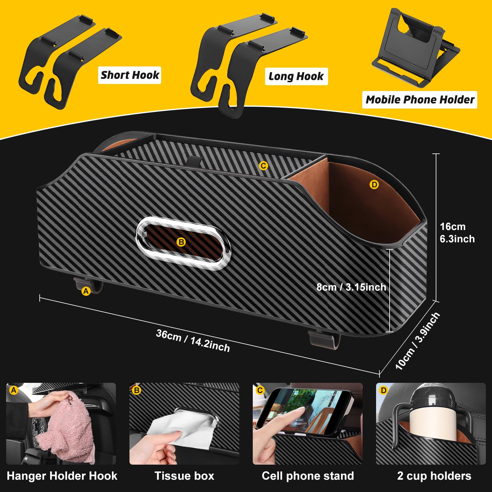 Car Headrest Backrest Organizer, 2024 Upgrade Multifunctional Rear Seat Car Storage 4 in 1 Seat Back Organizer with Cup Holder/Tissue Box/Phone Holder Car Travel Accessories