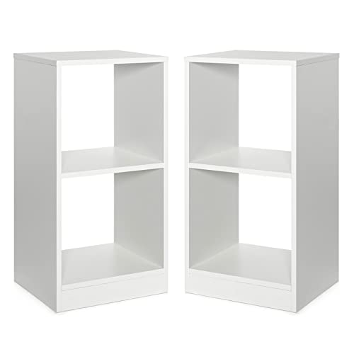 Giantex 2-Pcs 2-Tier White Bookshelf, Narrow Wood Bookcase with Anti-Tipping Kit, Short Open Shelving Rack for Small Space, Mini Cube Bookshelf for Living Room, Bedroom, Kids Room, Classroom