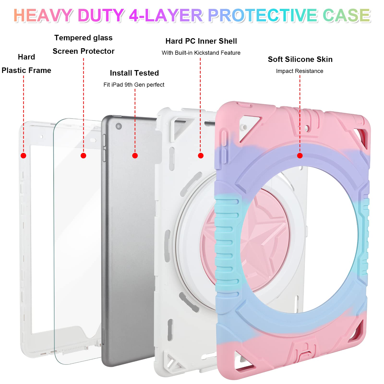 for 9th 8th 7th Generation Case with Screen Protector 360 Rotating Stand/Handle, 10.2 Case with Shoulder Strap Pencil Holder for Kids Hard Stars Cover for 10.2'' (2021/2020/2019)-Pink
