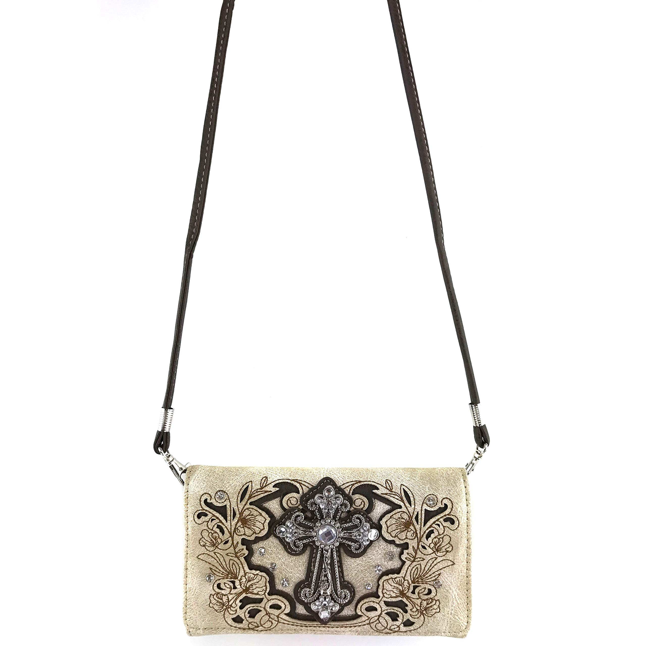Zelris Western Floral Blossom Cross Women Crossbody Wrist Trifold Wallet (Purple)