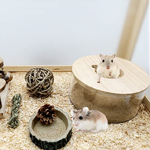 Tfwadmx Hamster Sand Bath Box, Container Transparent Beds, Hamster Bathroom & Digging Room ransparent Acrylic Small Animals Shower Bathtub with Wooden Cover for Mice Gerbil Squirrel (Large)