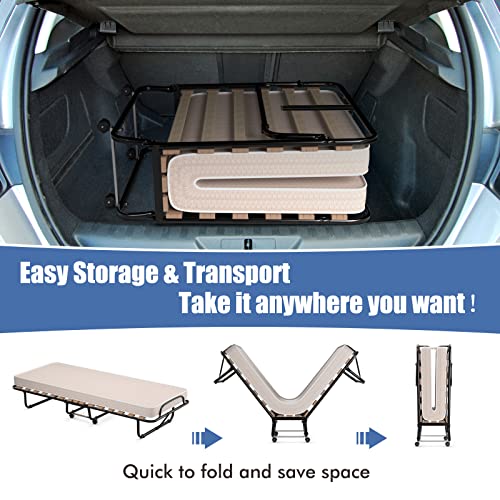 Giantex Folding Bed with Mattress for Adults, Rollaway Guest Beds w/Memory Foam Mattress & Metal Frame, Made in Italy, Cot Size Rollaway Bed, Portable Foldable Sleeper Bed for Home, Beige