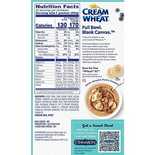 Cream of Wheat Instant Hot Cereal, Cinnabon, 1.23 Ounce, 10 Packets (Packaging May Vary)