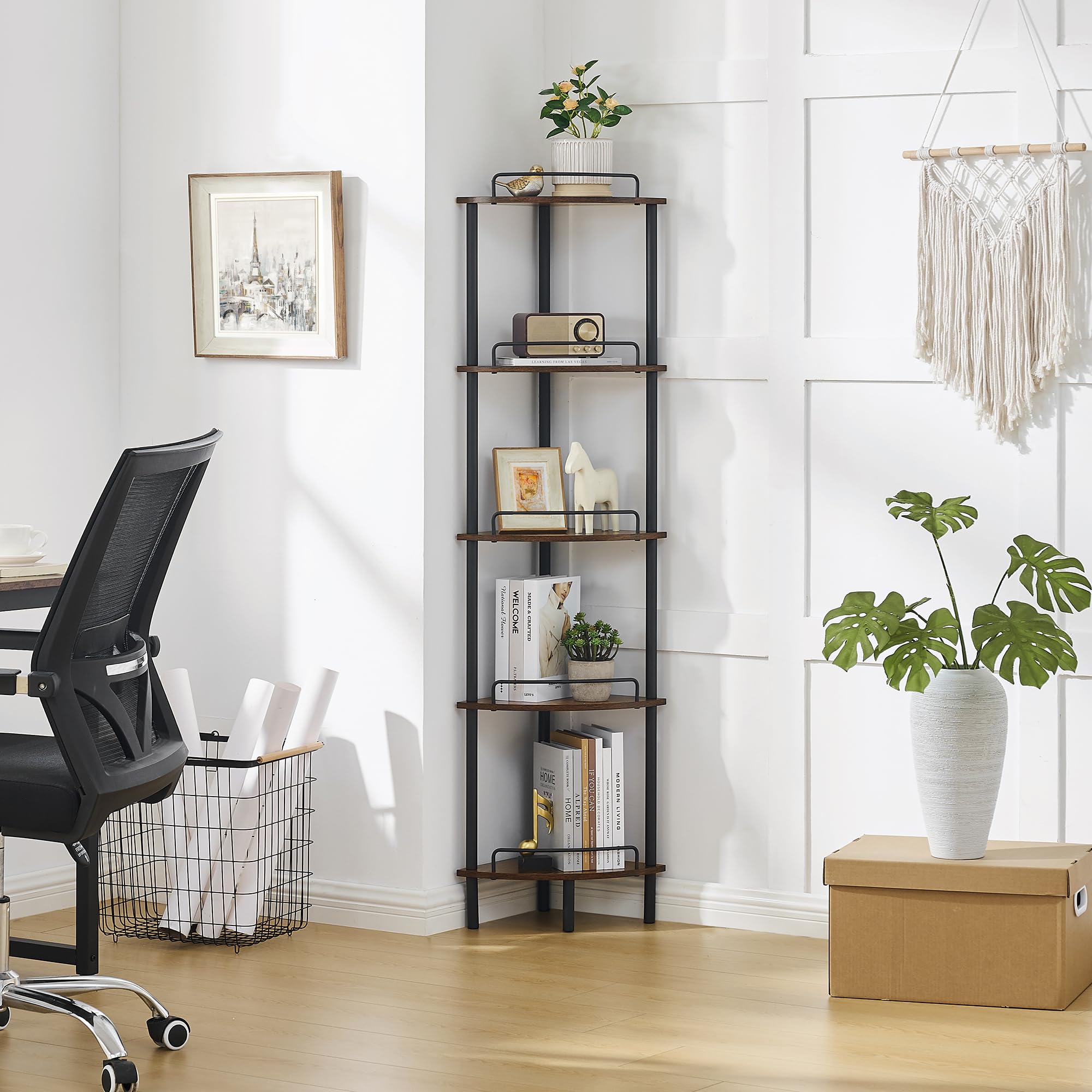 Gewudraw Corner Shelf Stand, 5 Tier Corner Bookshelf with Guardrail, Tall Corner Bathroom Shelves Black Corner Shelving Unit for Bedroom, Bathroom, Small Space-Black