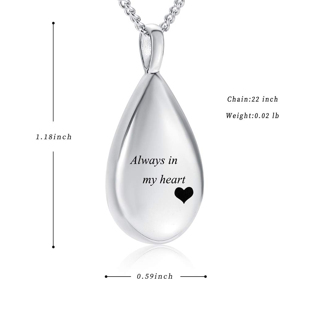 Carved Teardrop Keepsake Ashes Necklace Urn Pendant Cremation Memorial Jewelry Always in my heart