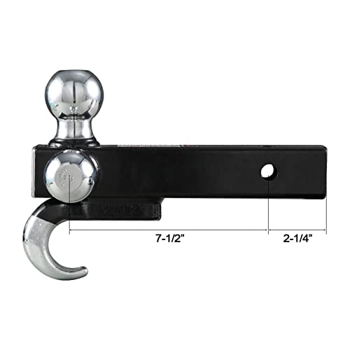 Towever 84180 Trailer Hitch Tri Ball Mount with Hook, 3 Ball Hitch Fit for Towing Hitch 2 inch Receiver (Hollow Shank Tow Hitch, Black&Chrome)