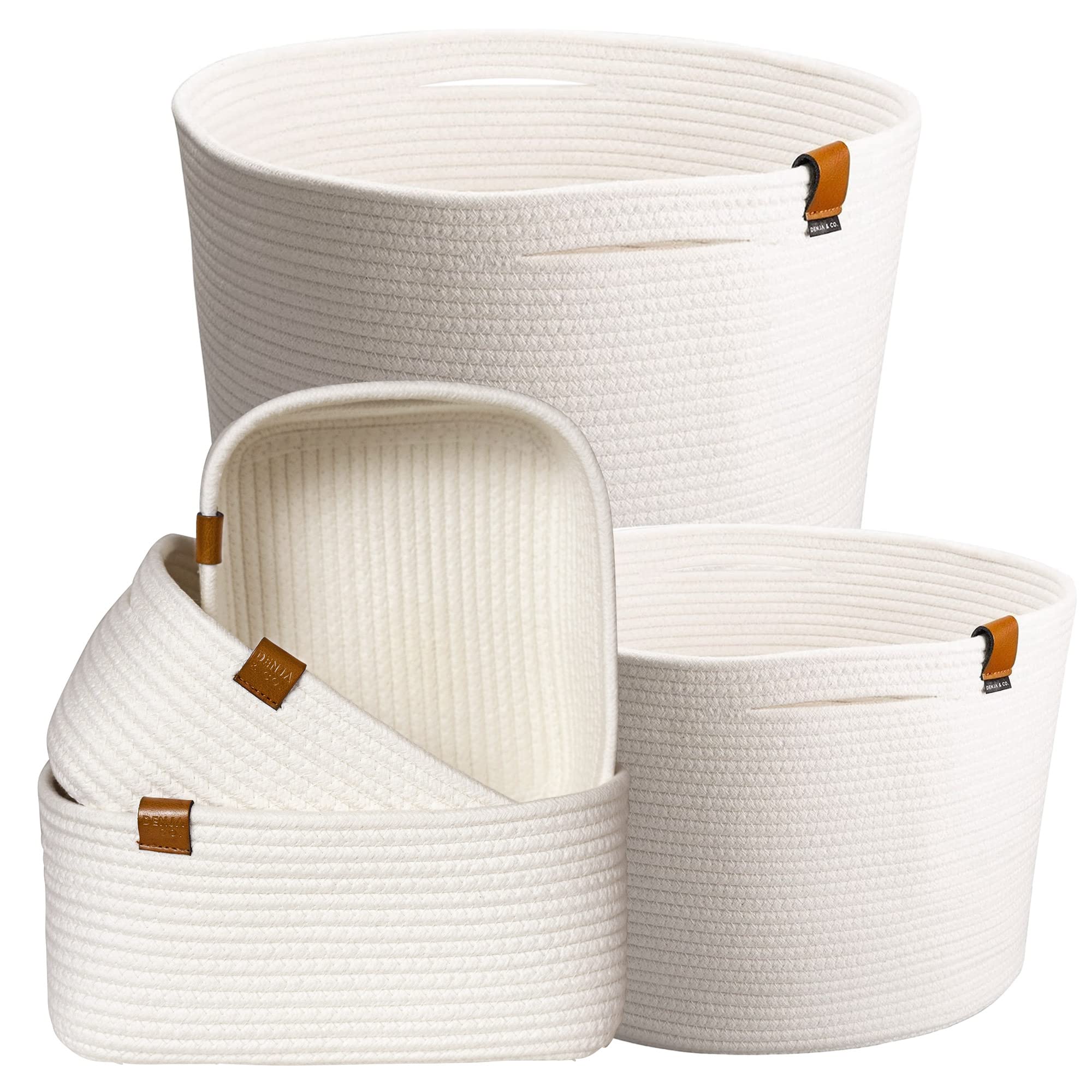 Denja & CO Dark Set of 2 Ivory White Storage Baskets and Set of 3 Ivory White Shelf Baskets