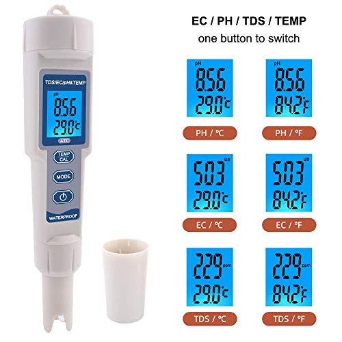 Digital Tester 4 in 1 TDS PH Meter PH/TDS/EC/Temperature Meter Digital Water Quality Monitor Tester for Pools, Drinking Water, Aquariums