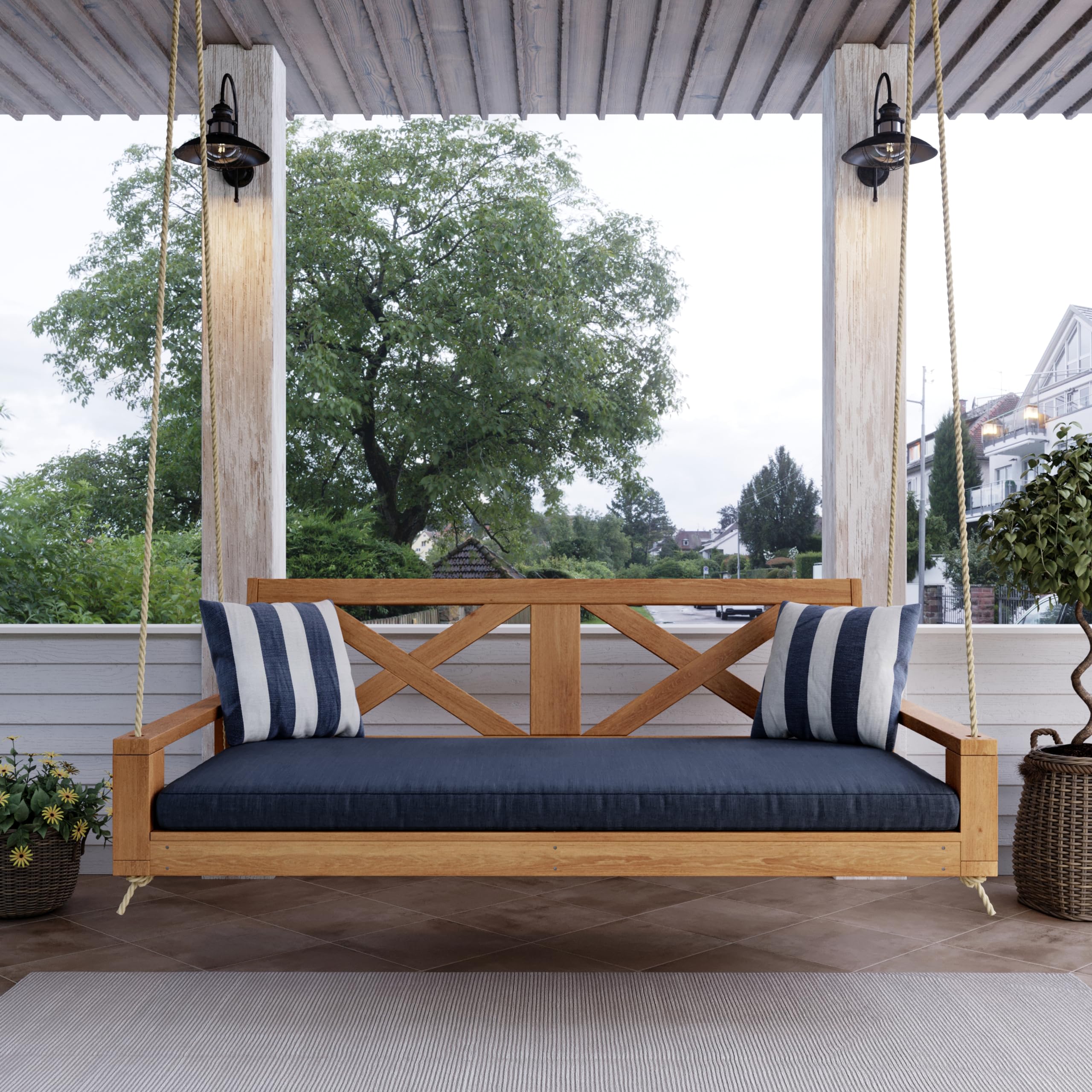 Malvern 6 Foot Wood Porch Swing Bed in Cedar Stain, Amish Handcrafted Daybed Style Swing