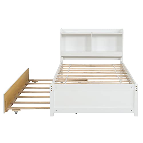 Twin Bed with Trundle, Twin Size Platform Bed with Bookcase Headboard and Pull Out Trundle Bed, Wooden Twin Bed Frame with Storage Shelves, No Box Spring Needed (Twin, White)