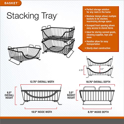 Spectrum Diversified Ashley Stackable Tray, Wire Basket with Raised Feet and Looped Handles Modular Stacking Bin System for Kitchen Countertop & Desk Organization, Satin Nickel
