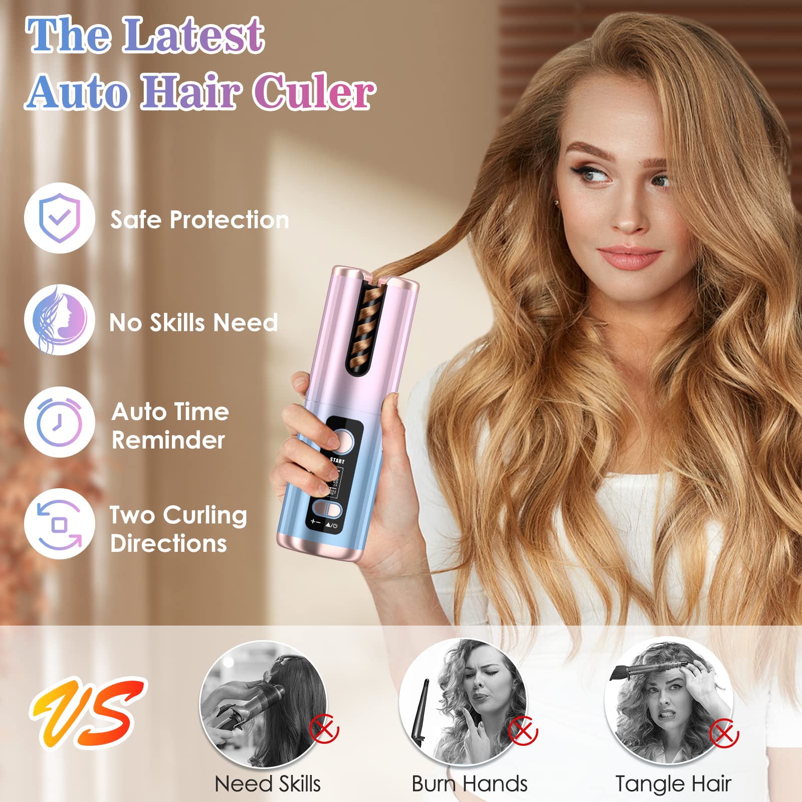 Curling Iron Automatic Hair Curler, Cordless Rechargeable Curling Iron, Portable Hair Curler Automatic Rotating w/ 6 Temps & Timer, Auto Shut-Off, Fast Heating Iron for Styling