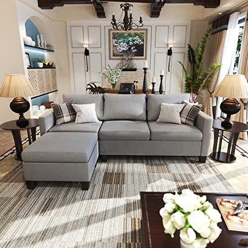 GUNJI Sectional Sofa Couch for Living Room Modern Convertible L-Shaped Couch with Reversible Chaise Fabric 3-Seat Sectional Couch for Small Spaces (Light Gray)