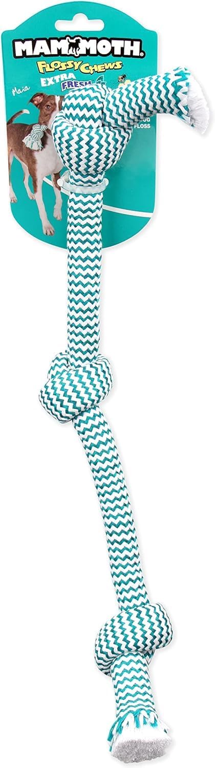 Mammoth Flossy Chews Extra Fresh 3 Knot Tug - Premium Cotton-Poly Yarn with Dental Floss Tug Toy for Dogs - Interactive Dog Rope Toy 20” - 2 Pack