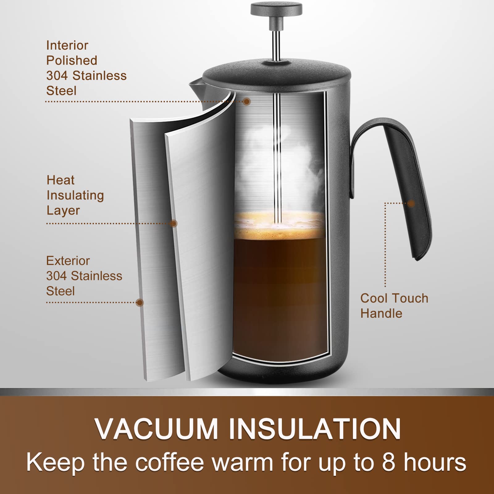 Fityou French Press Coffee Maker, Insulated 304 Grade Stainless Steel Insulated Coffee Press with 4 Level Filtration System, Keep Warm for 8 Hours, 34oz (1 Litre)