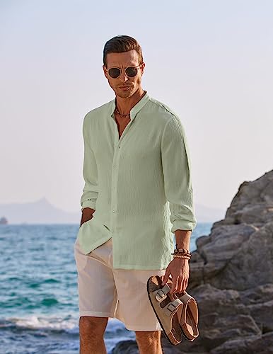 COOFANDY Men's Casual Beach Shirts Linen Shirt Men Long Sleeve Button Down Shirt Mandarin Collar Light Green