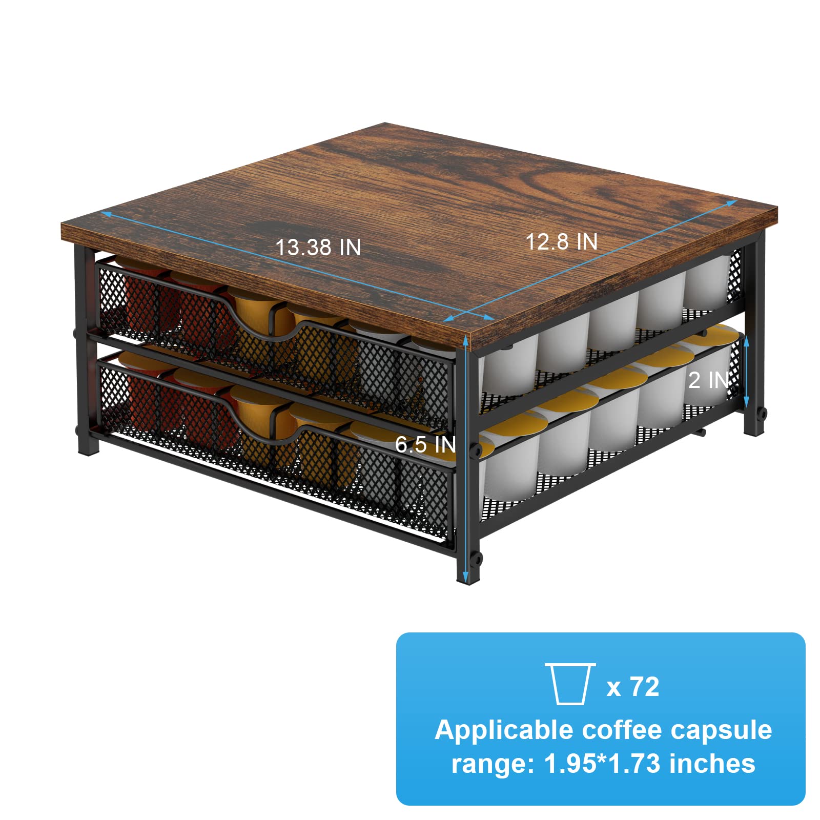Coffee Pod Drawer Holder Capsule Storage Organizer 2 Tier Coffee Pods Holder With Sliding Baskets for 72 Capacity K Pod, Suit for Home Office Cafe Counter (Black)