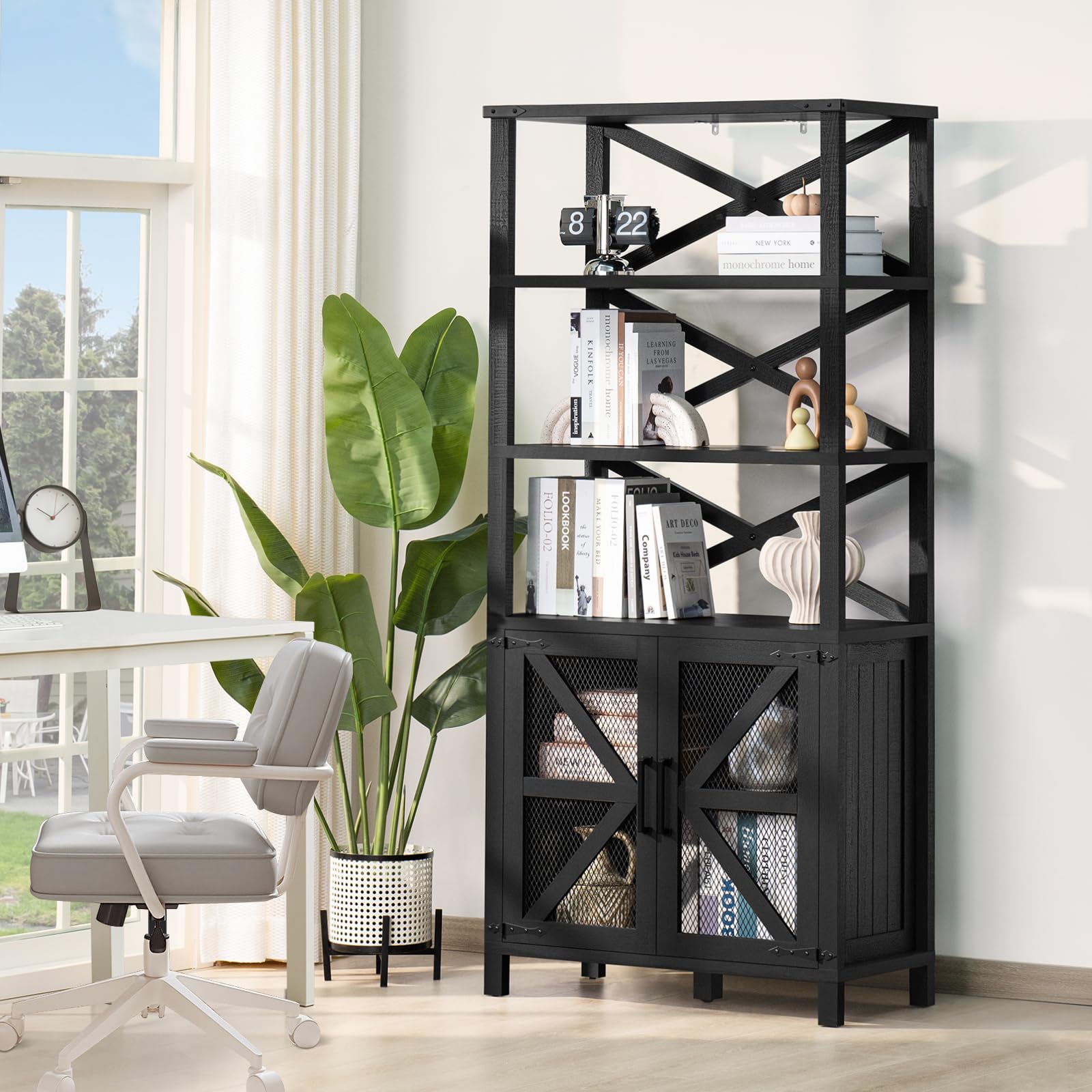 Joaxswe 5 Tier Bookshelf 70" Tall Bookcase with Barn Doors,Large Farmhouse Display Book Shelf with Adjustable Shelves and Storage Cabinet,Library Wood Bookshelves for Living Room,Kitchen,Black