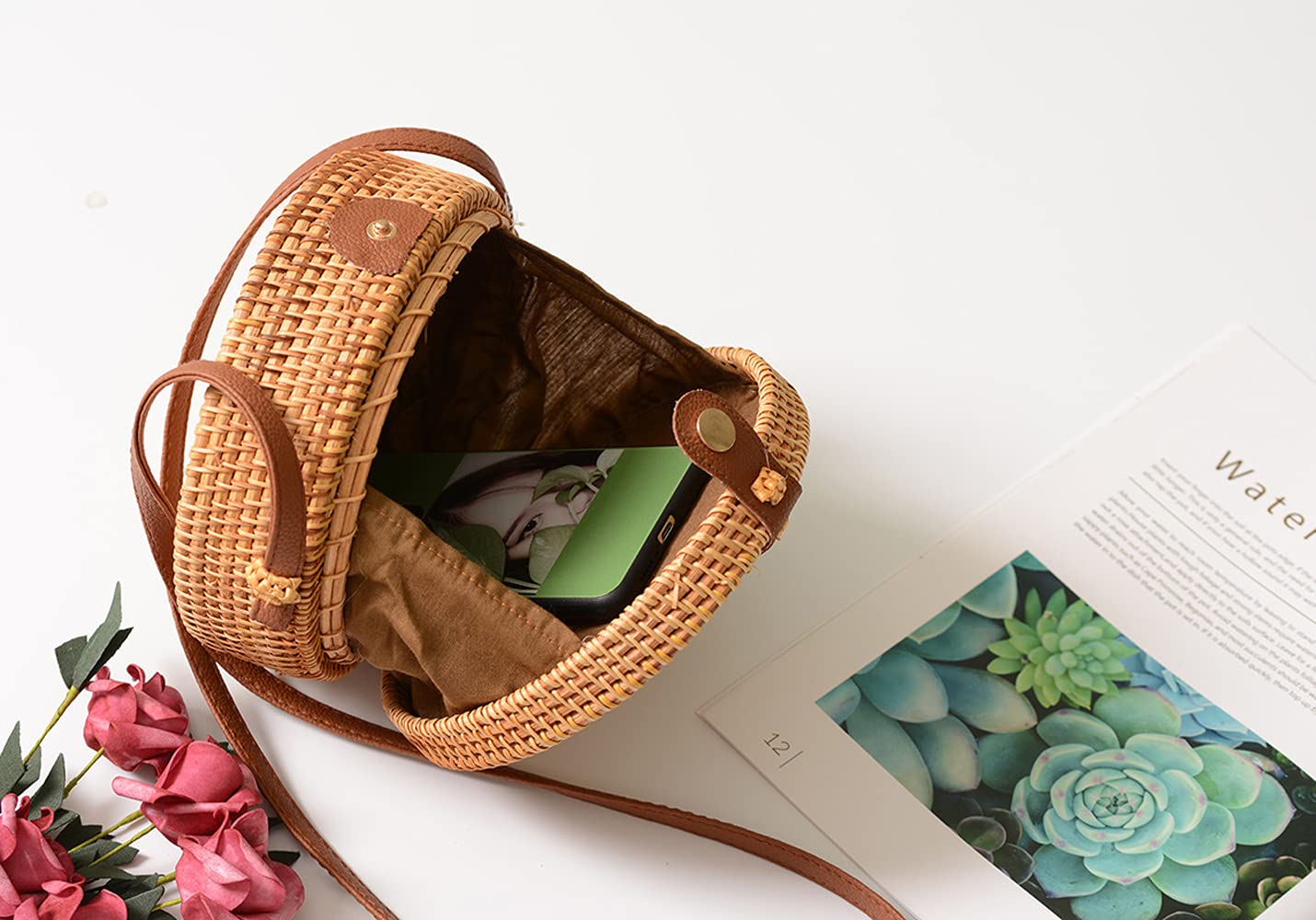 SHAREYOIU Handwoven Round Rattan Bag Shoulders Natural Chic Hand Tropical Beach Style Woven with Leather Strap (Pure, 7 x 3.2 inches)