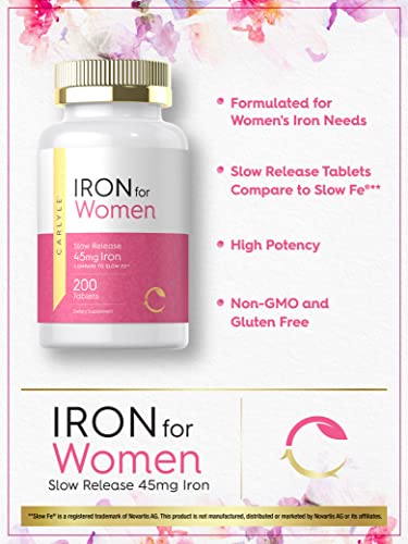 Iron Pills for Women | 45mg | 200 Slow Release Tablets | Vegetarian, Non-GMO, Gluten Free Supplement | by Carlyle