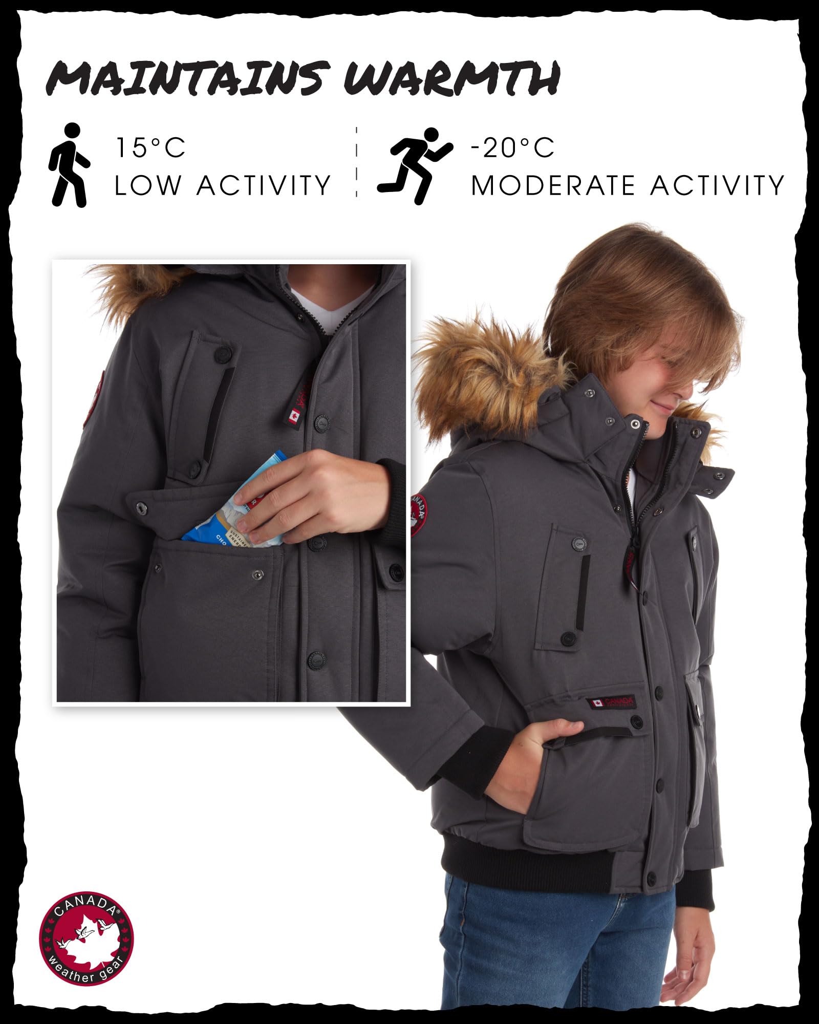 CANADA WEATHER GEAR Boys' Winter Coat β Heavyweight Bomber Parka Ski Jacket (Size: 4-20), Size 8, Coal Grey