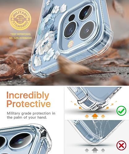 GVIEWIN for iPhone 13 Pro Case with Screen Protector & Camera Lens Protector, [10FT Military Grade Drop Protection] Clear Shockproof Slim Fit Floral Phone Case for Women Girls (Rosa Chinensis/Blue)