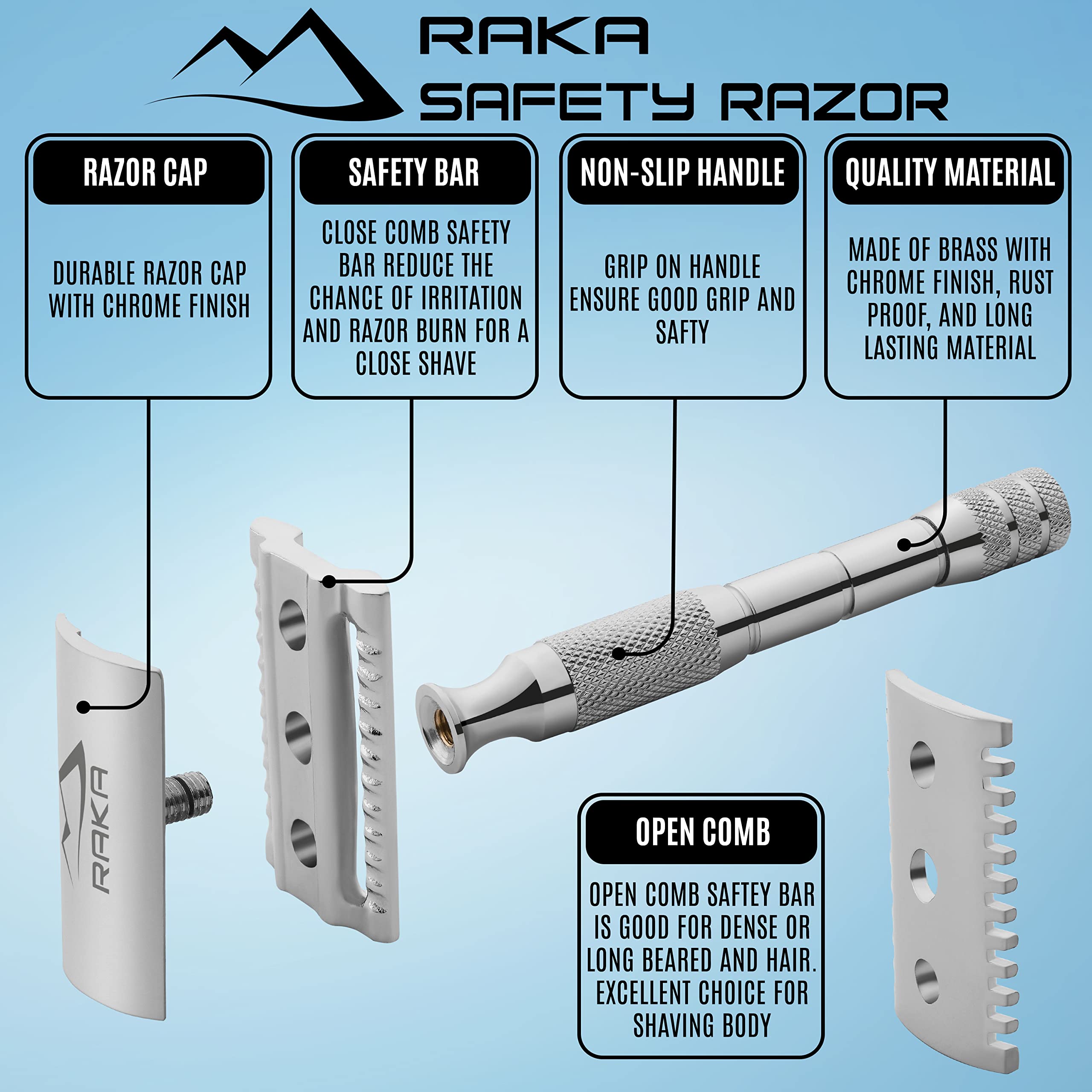 Raka Long Handle Double Edge Safety Razor for Men With Extra Free Open Comb - Twist to Razors, Along 10 stainless Steel Blades better shaving experience, silver, 12 Piece Set