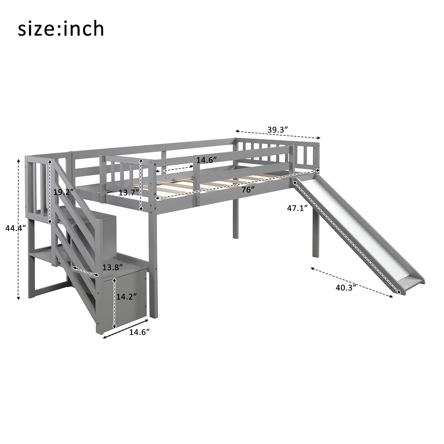 Low Loft Bed with Stairs for Kids and Toddlers Wood Loft Bed Frame with Slide Twin Loft Beds with Stairway Storage for Boys Girls, Gray