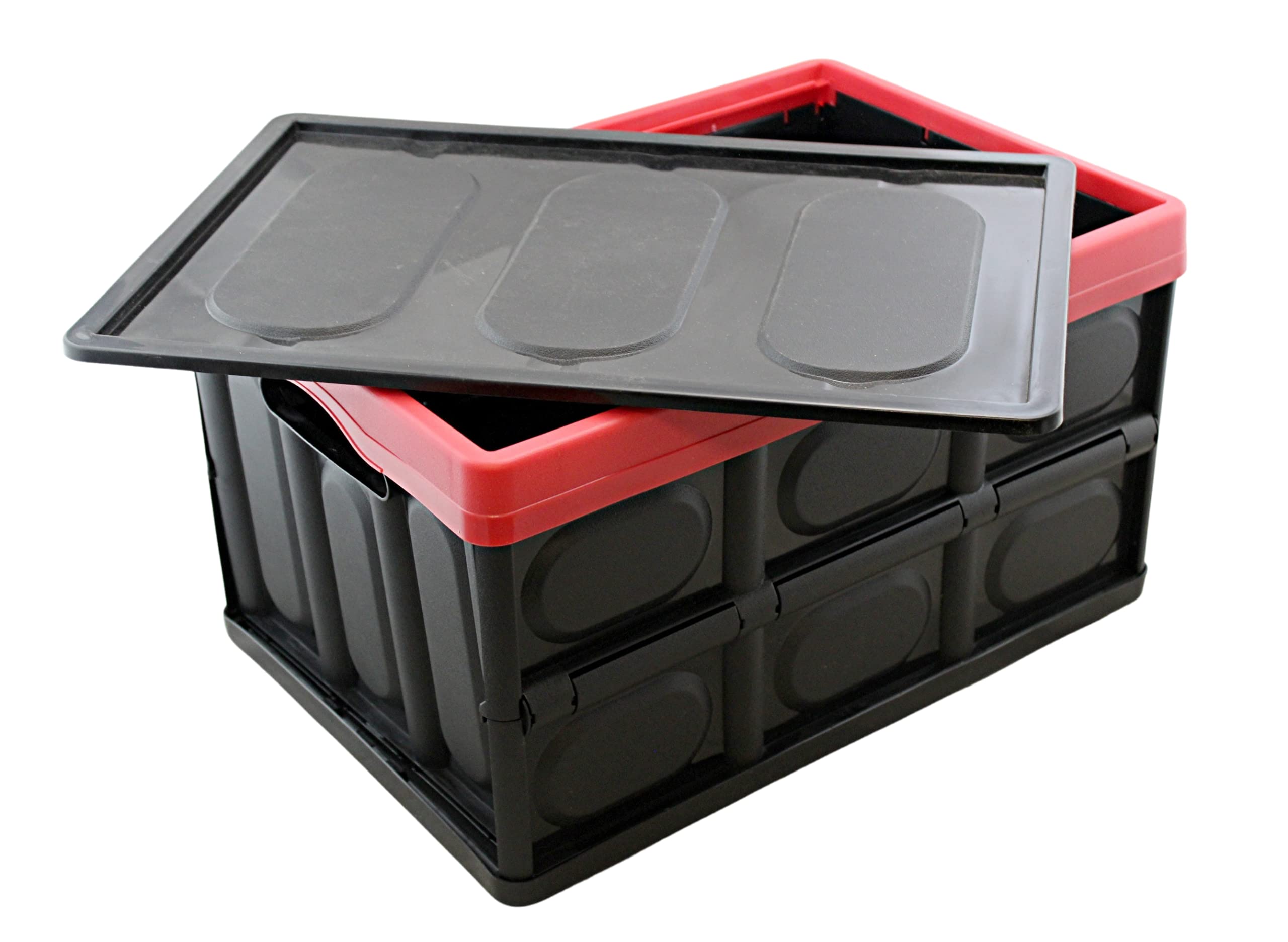 Dependable Industries inc. Essentials Collapsible Storage Box Foldable Utility Bin with Lid for Home Storage Office Auto Trunk Organization - Black with Red - 100's of Uses