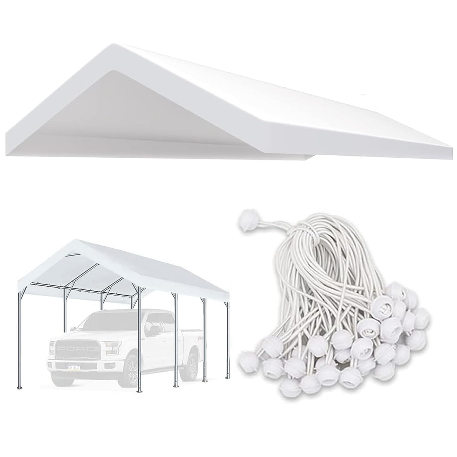 FORALEBEN Carport Replacement Canopy Cover for 12' x 20' Car Tent Top Garage Shelter Cover Tarp with Ball Bungees (Only Top Cover, Frame Not Include) White