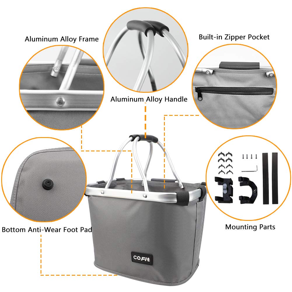 COFIT Collapsible Bike Basket, Multi-Purpose Detachable Bicycle Basket for Pet, Shopping, Commuting, Camping and Outdoor, Basic Gray