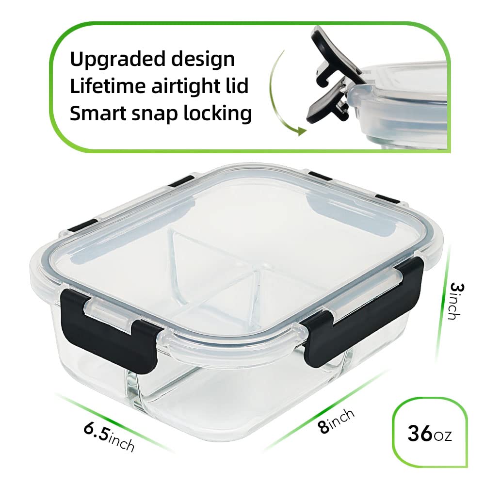 DAS TRUST 5 Pack 36oz Bento Box Glass Meal Prep Containers 3 Compartment Glass Food Storage Containers with Lids Meal Prep Bowls Lunch Box Glass Food Prep Containers Lunch Container Oven Safe