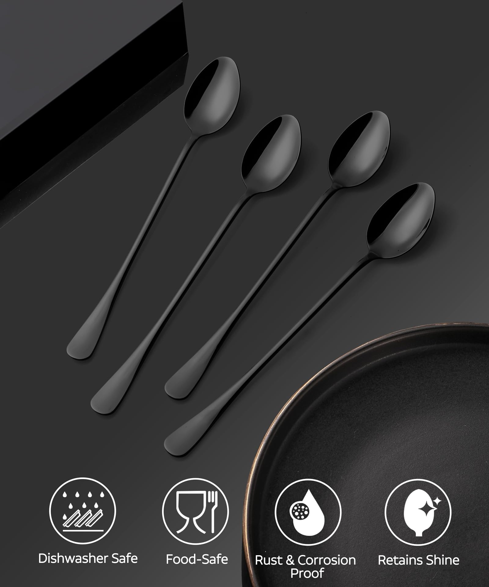 Lovingly Yours 7.5-Inch Long Handle Ice Tea Spoons, Ice Cream Spoons, Black Coffee Spoons, Long Spoons for Stirring, Stainless Steel Spoons for Dessert, Sundae, Shakes