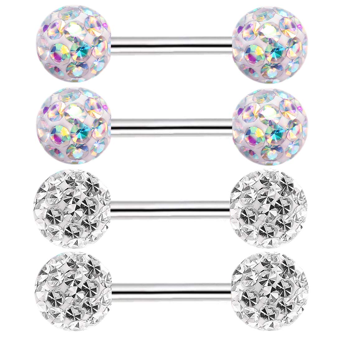 ZHIYAOR Never Fall out Crystal 14G Studs Nipple Rings Piercing Barbell Anti-allergy Surgical Steel Pairs (1pair AB,1pair White)
