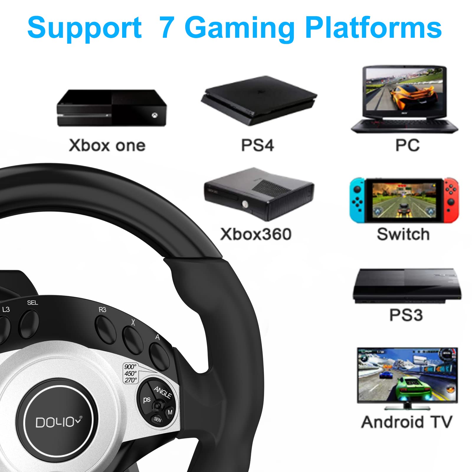NBCP Steering Wheel Universal Usb Car Sim 270/900 degree Race Steering Wheel with pedal Pedals And Shifter Bundle for Xbox One,Xbox Series X/S,PS4,PS3