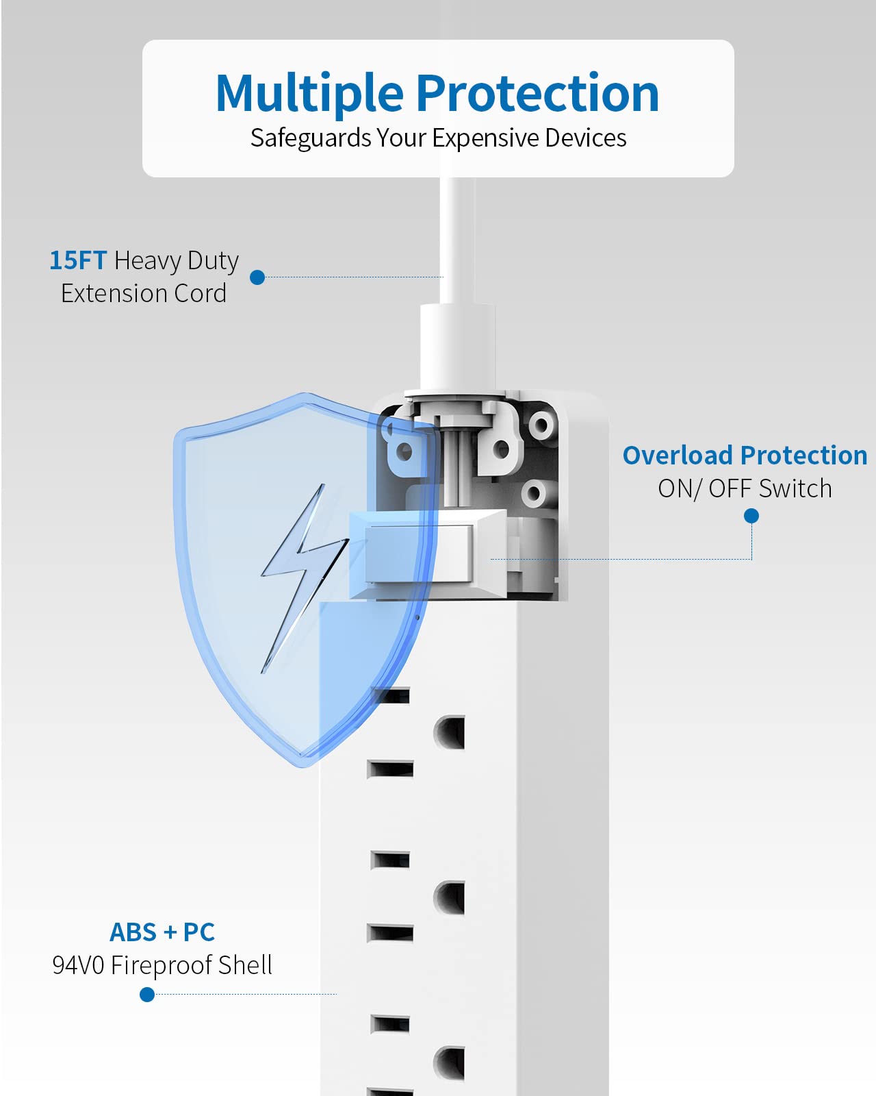Flat Extension Cord 15 ft, NTONPOWER Ultra Thin Flat Extension Cord Under Carpet, Rug, Door, Wall Mount Power Strip Flat Plug with 4 Outlets 2 USB, Overload Protection for Home Office Indoor, White