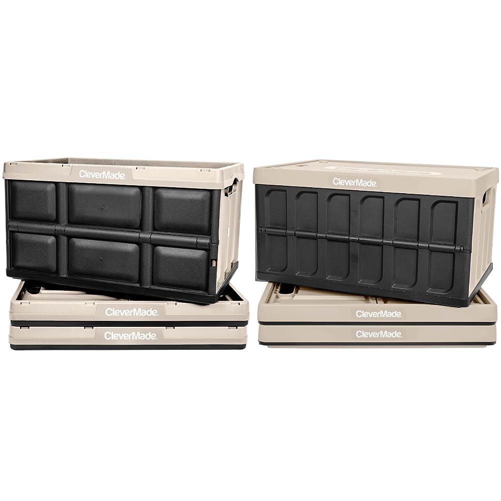 CleverMade 62L Collapsible Storage Bins (3 Pack, Tan) NO LID-Stackable Storage Containers & 46L Collapsible Storage Bins with Lids - Folding Plastic Stackable Utility Crates
