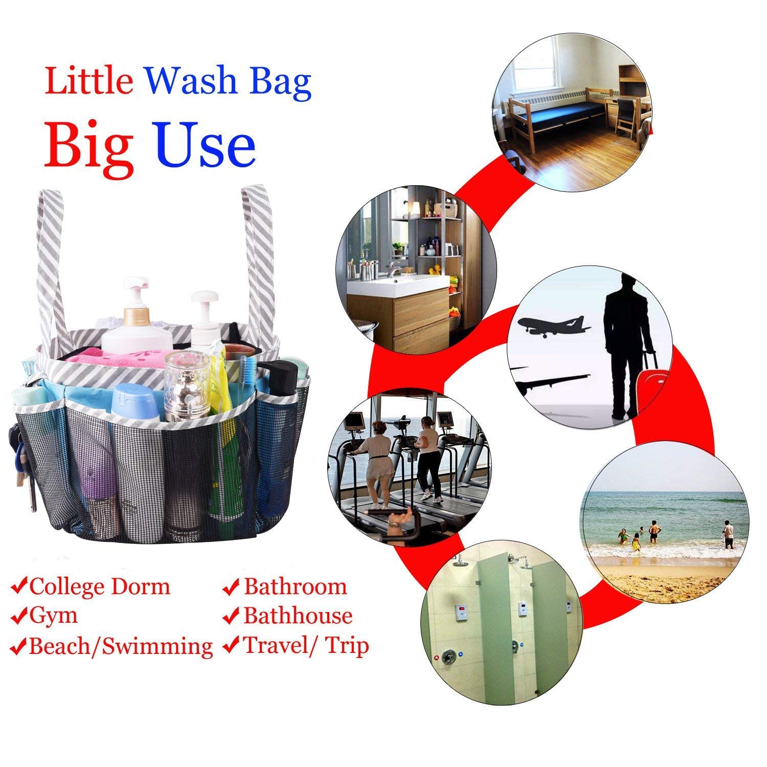iHomeYC Portable Mesh Shower Caddy, Camping Bathroom Shower Caddy Tote, College Dorm Room Essentials Organizer with Key Hook and 8 Basket Pockets,Black