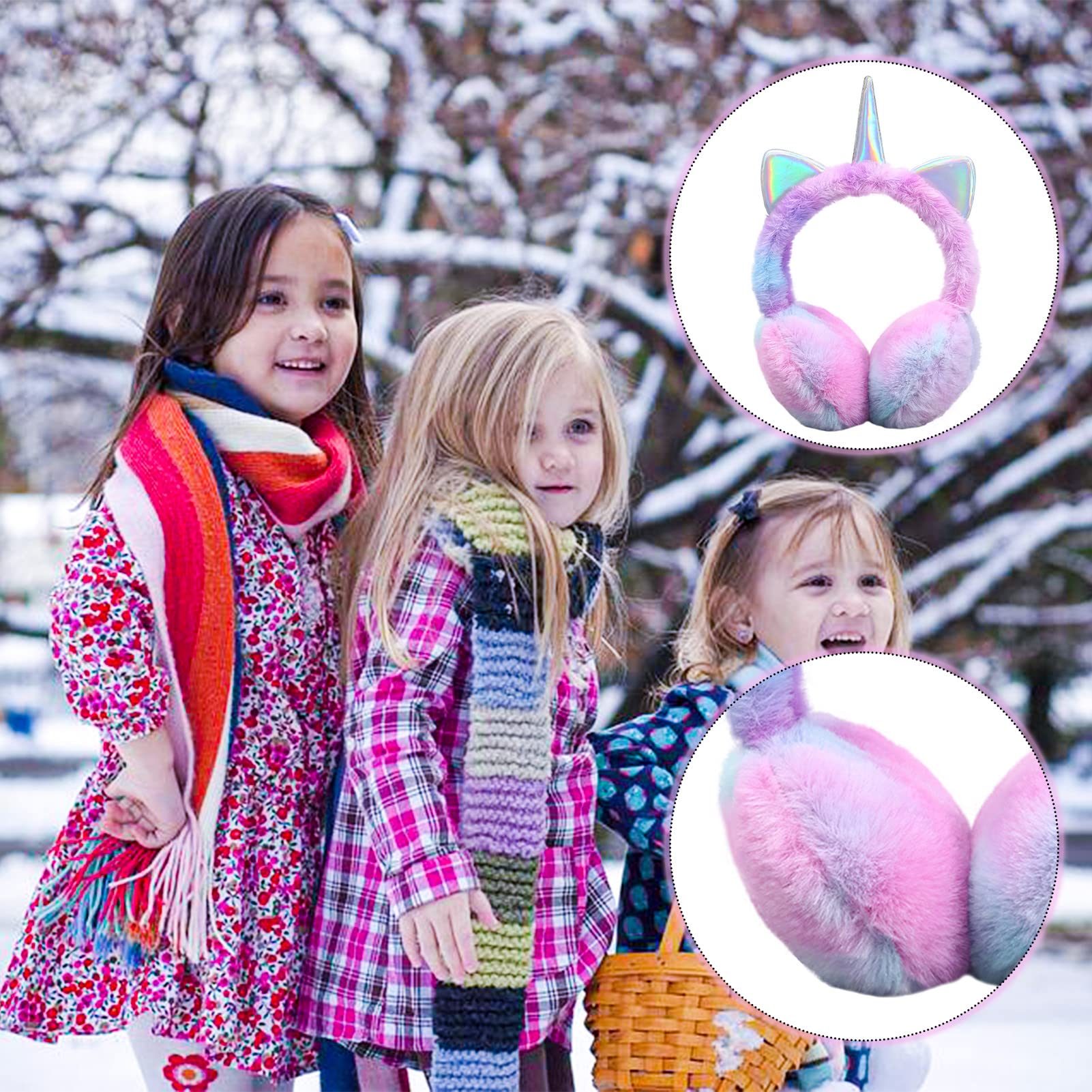CHUANGLI Winter Unicorn Earmuffs, Cute Cartoon Earmuff Rainbow Ear Warmers for Girls/Women's Gift
