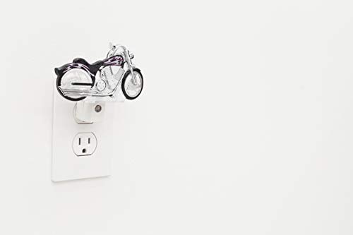 GE LED Motorcycle Night Light, Plug-In, Dusk-to-Dawn Sensor, Auto On/Off, Energy-Efficient, Soft White, Flames & Chrome Design, Ideal for Bedroom, Playroom, Bathroom, & More, Black/Silver, 10904
