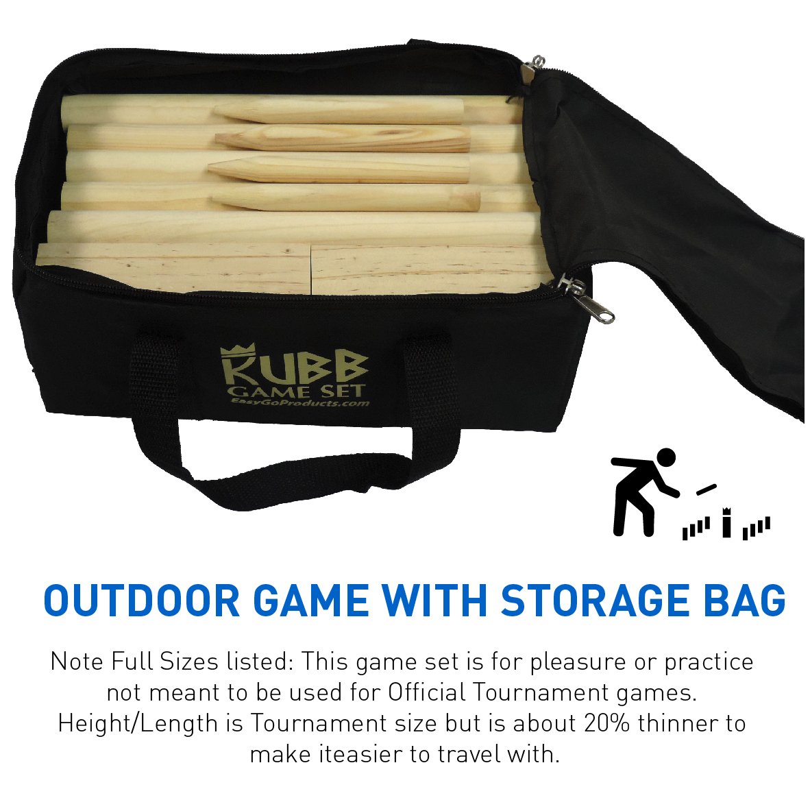 Kubb The Viking Wooden Outdoor Lawn Game 1 King, 10 Kubb Blocks, 6 Long Batons, 4 Corner Markers & Carrying Bag
