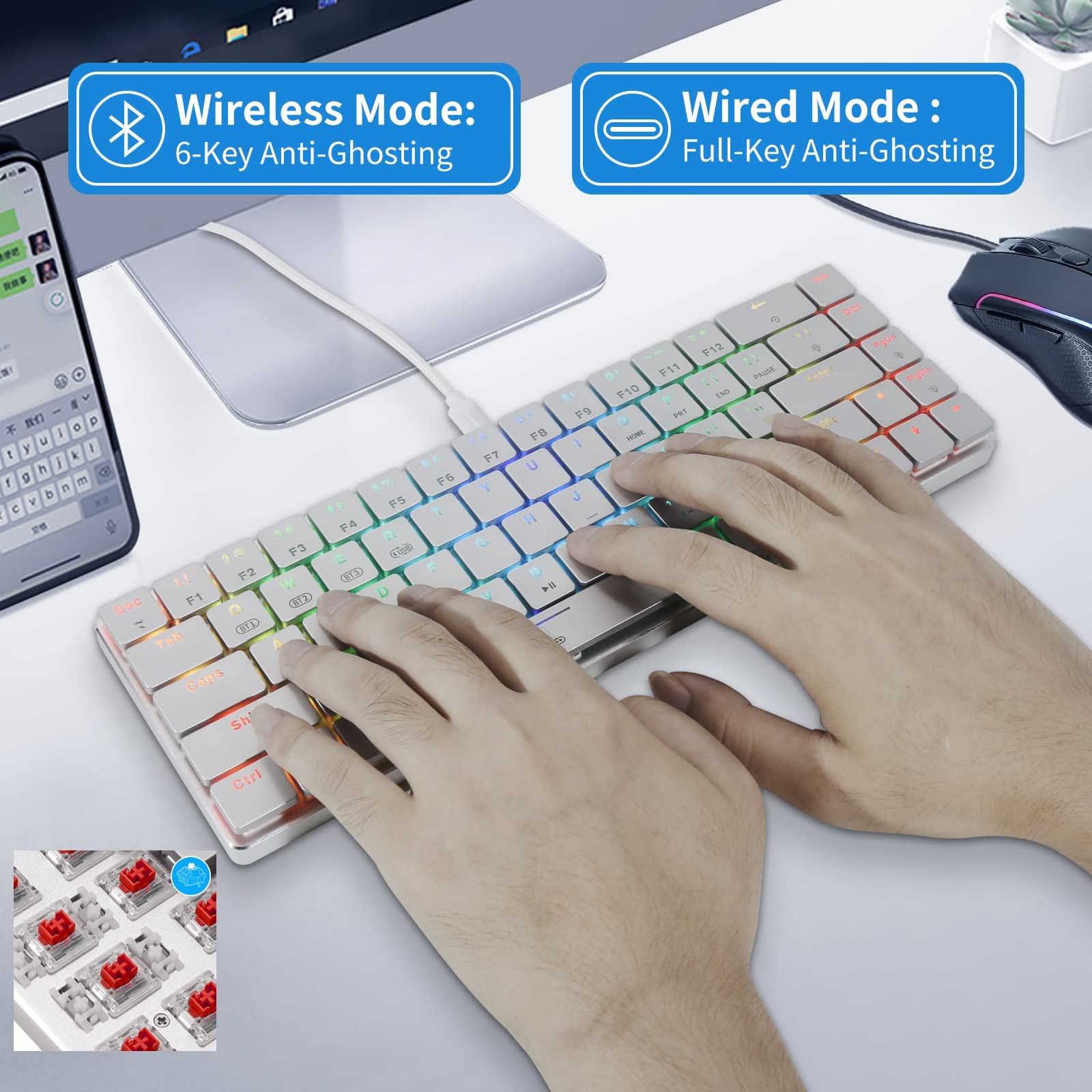 chuangquan CQ009 Mechanical Wireless/Wired Gaming Keyboard Bluetooth 5.0 RGB Backlit Red Switch Compact 69 Keys Compatible with PC,Laptop and Smartphone (Silver)