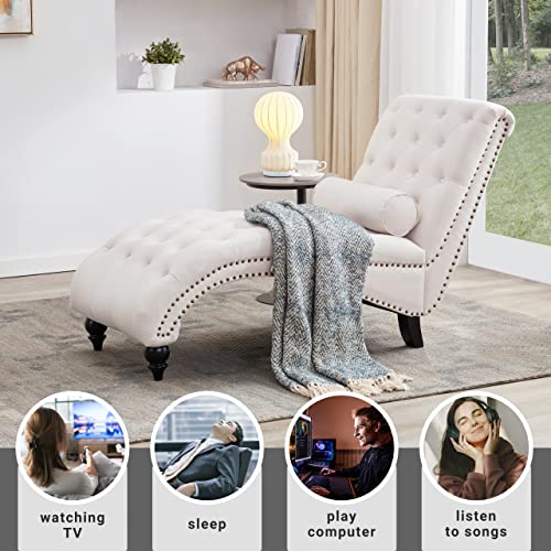 Iroomy Button-Tufted Chaise Lounge Indoor with Solid Wood Legs & Support Pillow, Upholstered Chaise Lounge Chair for Bedroom Living Room Office, Armless Rolled Backrest Leisure Sofa Recliner(Beige)