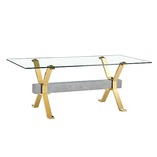 Glass Dining Table for 4, 79" Modern Kitchen Dining Room Table with Rectangular Tempered Glass Tabletop and Gold Plated Metal Legs for Dining Room (Gold)