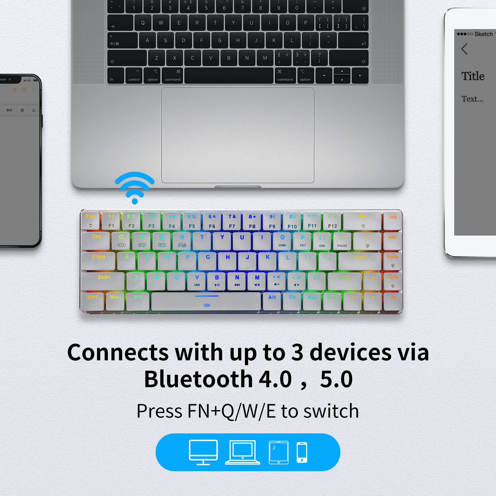 chuangquan CQ009 Mechanical Wireless/Wired Gaming Keyboard Bluetooth 5.0 RGB Backlit Brown Switch Compact 69 Keys Compatible with PC, Laptop and Smartphone (Silver)