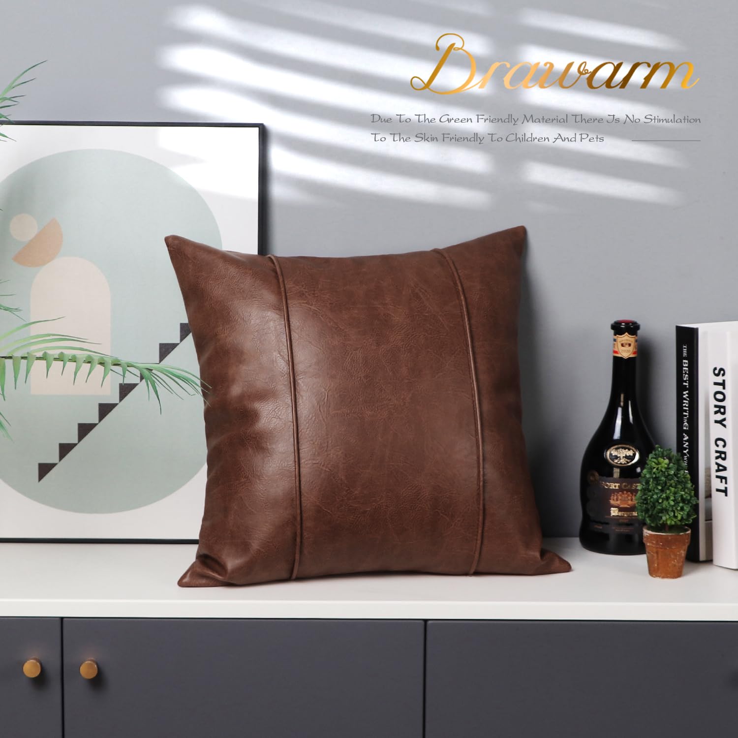 BRAWARM Dark Brown Leather Throw Pillow Covers 22 X 22 Inches - Faux Leather Pillow Cover with Piping, Hand Stitched Leather Throw Pillow for Couch Sofa Bed Living Room Home Decorative